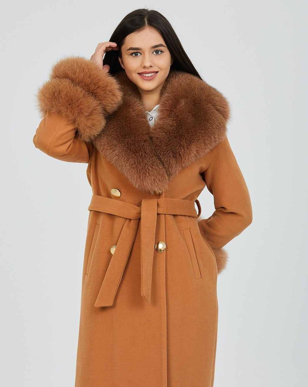 GLORIA CAMEL - Elegant Cashmere Coat with Detachable Fox Fur | ROHA FURS
