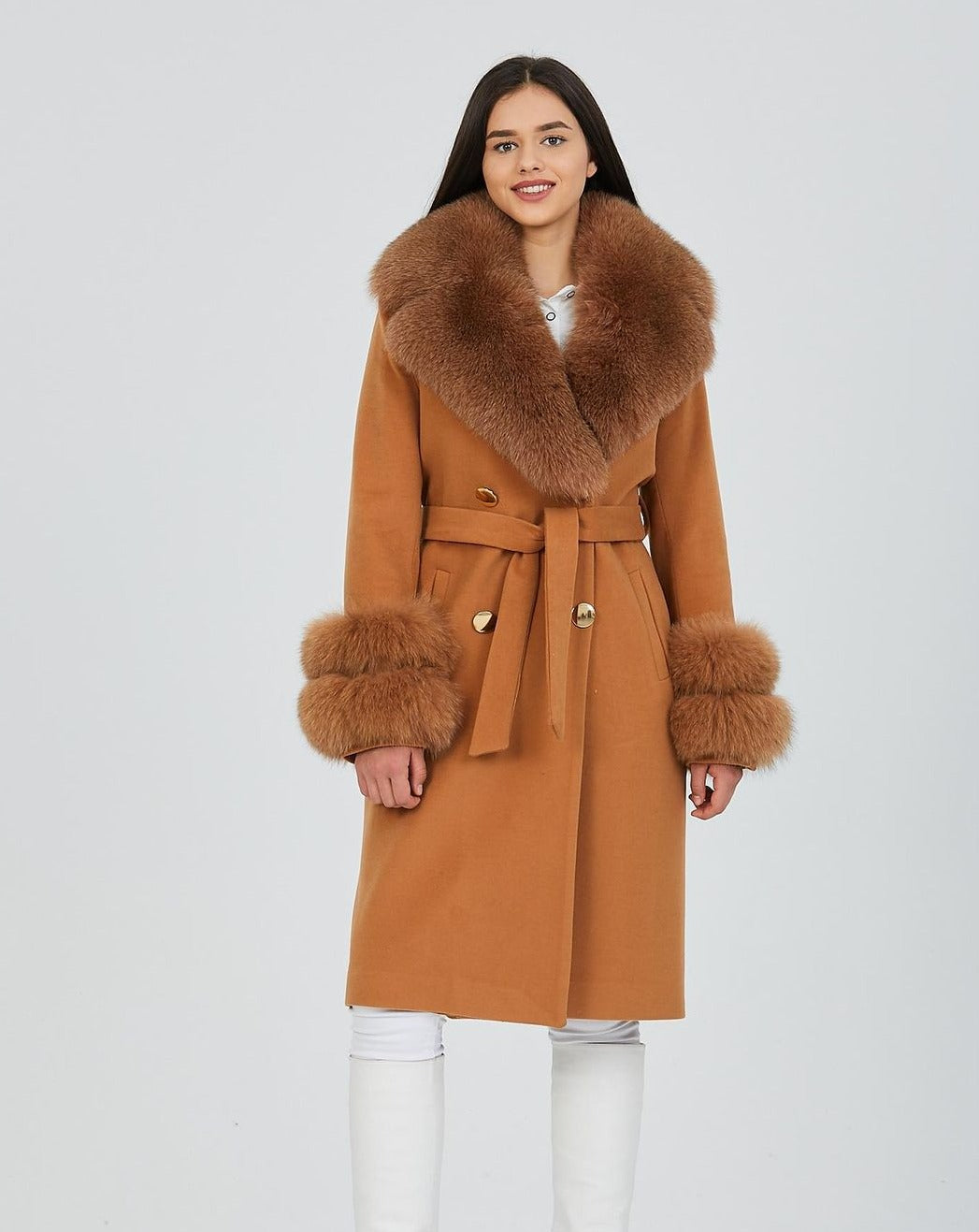 GLORIA CAMEL - Elegant Cashmere Coat with Detachable Fox Fur | ROHA FURS